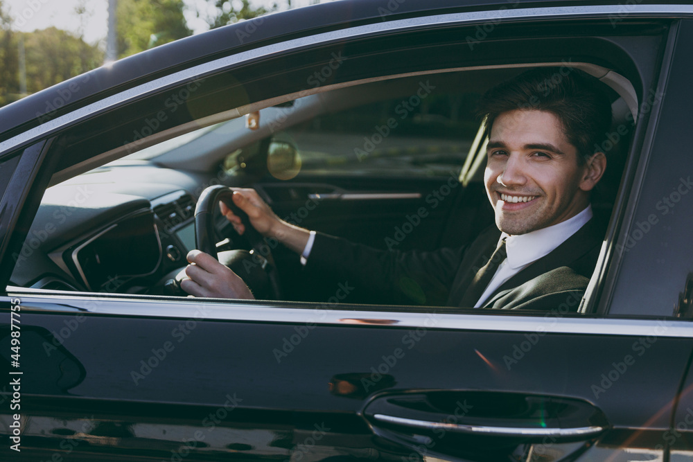 Side profile view young fun driver confident caucasian businessman man ...