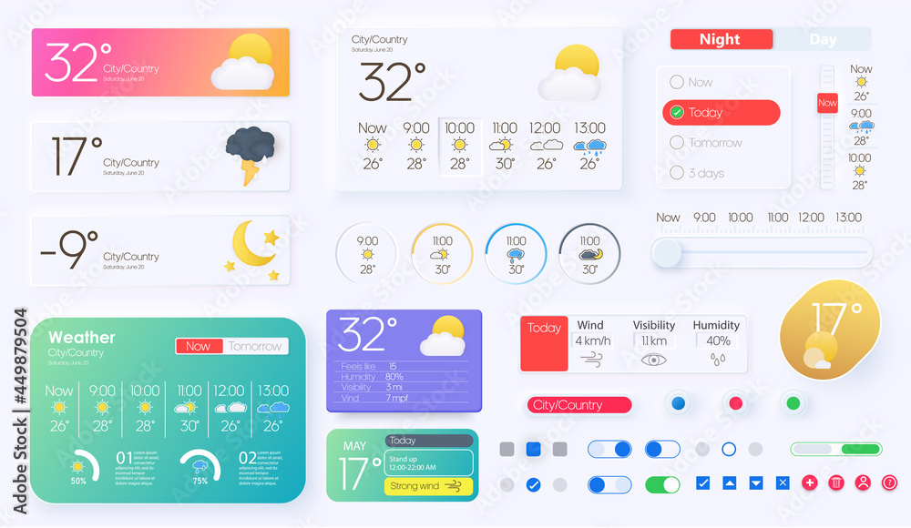 User elements for weather mobile app. Widgets, quick access adaptive ...
