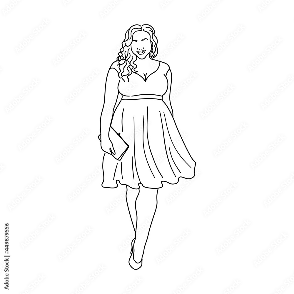 Fat woman. Body positive girl in the dress. Outline sketch. Overweight ...