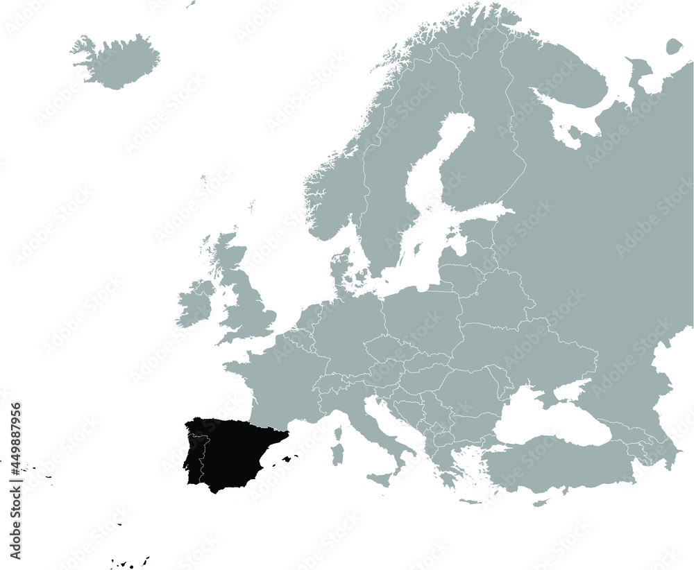Black Map of Iberian peninsula countries on Gray map of Europe Stock ...