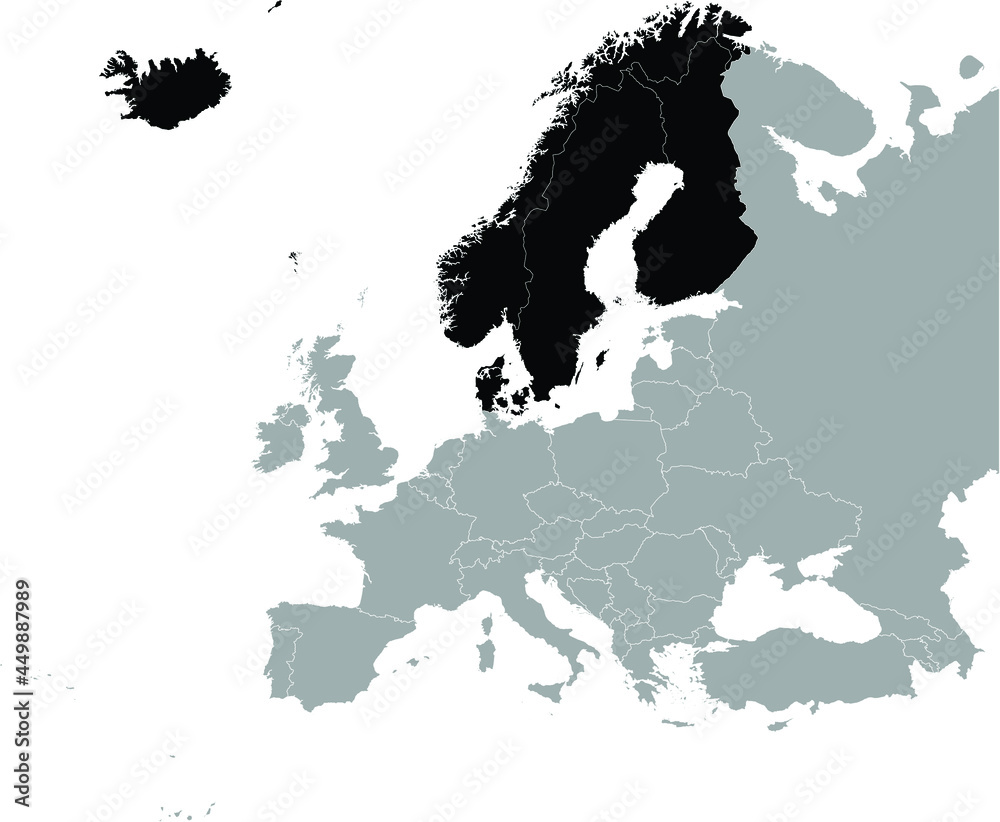 Black Map of North Europe-Nordic countries on Gray map of Europe Stock ...