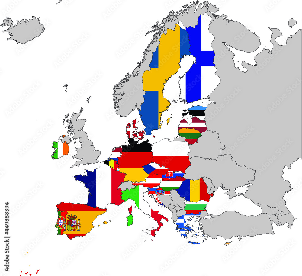 Map of Europe Union countries with national flag on Gray map of Europe ...