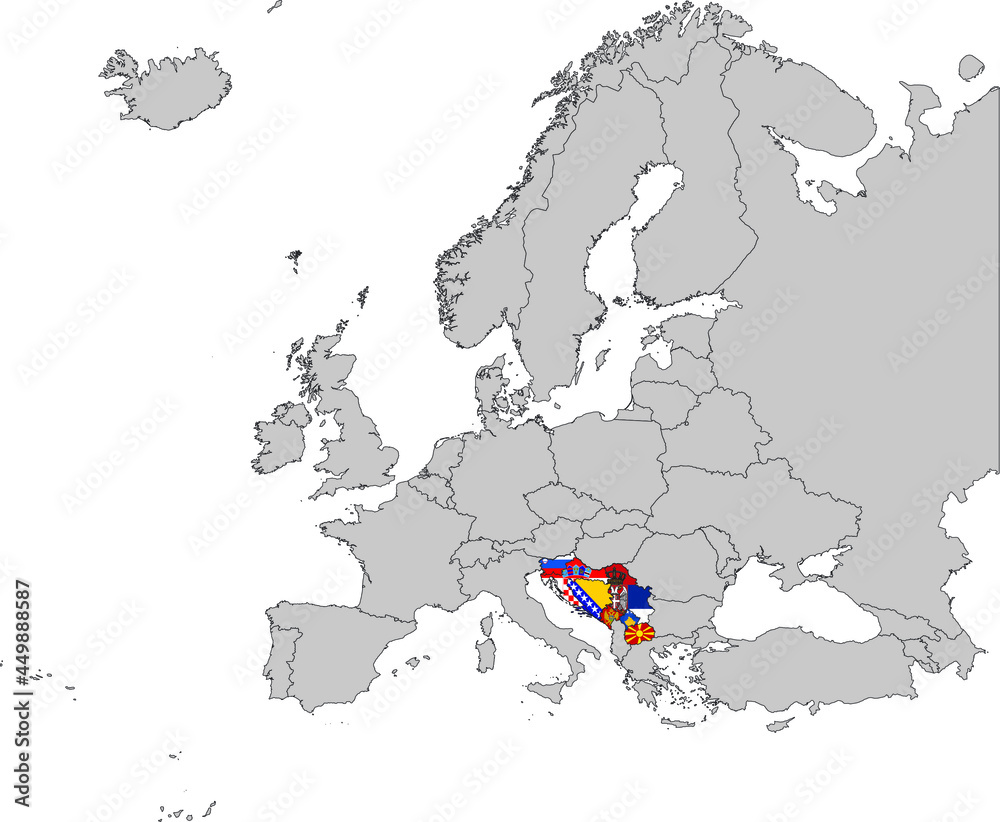 Map of Former Yugoslavia countries with national flag on Gray map of ...