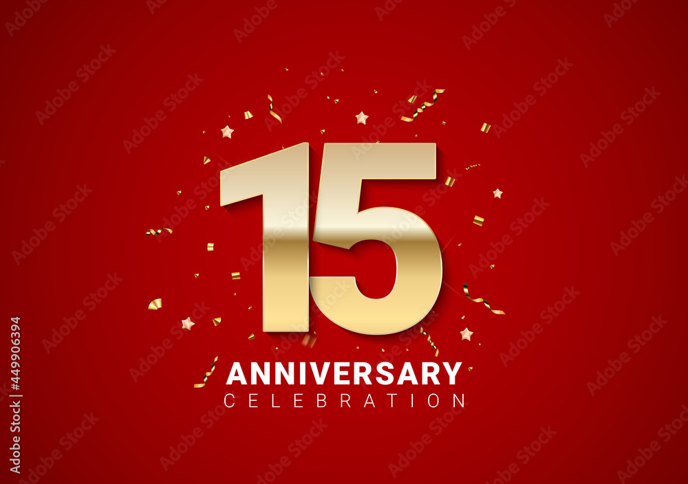 15 anniversary background with golden numbers, confetti, stars on ...