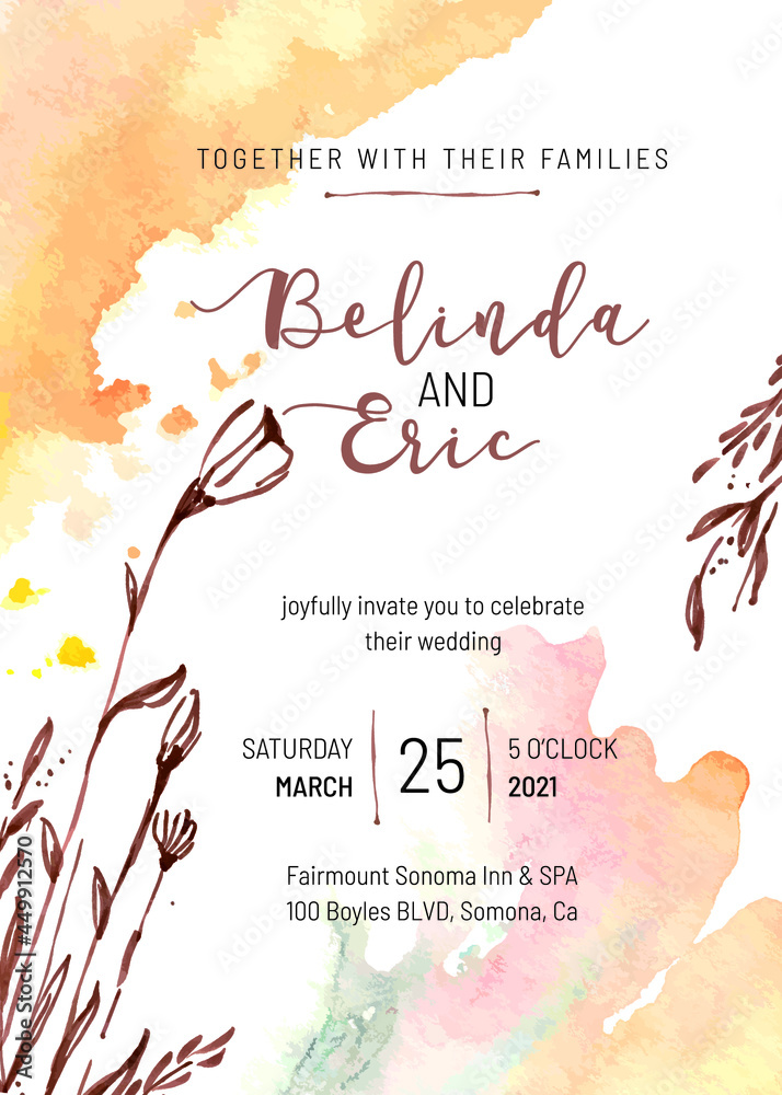 Wedding Invitation card. Flowers on a color palette background ...