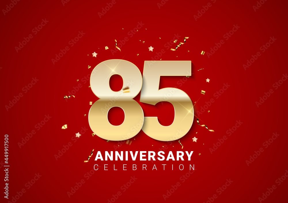 85 anniversary background with golden numbers, confetti, stars on ...