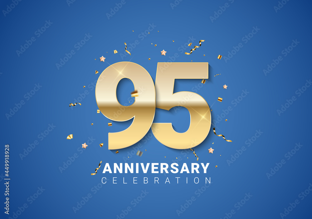 95 anniversary background with golden numbers, confetti, stars on ...