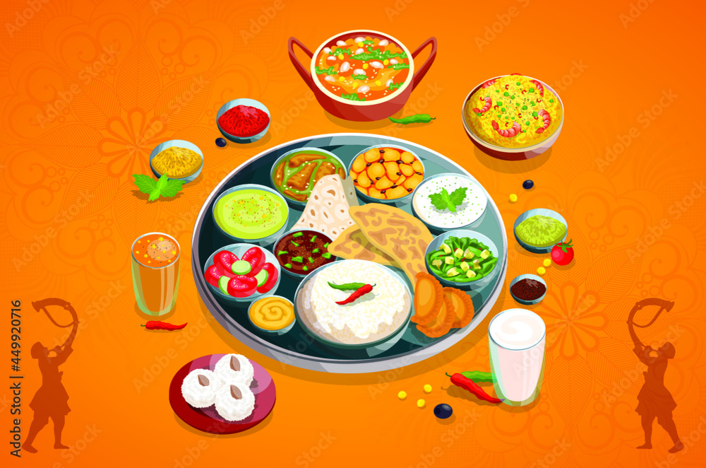 illustration of Traditional Maharashtrian cuisine and food meal thali ...