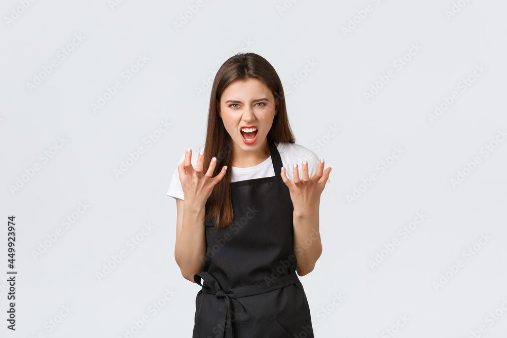 Grocery store employees, small business and coffee shops concept. Mad ...