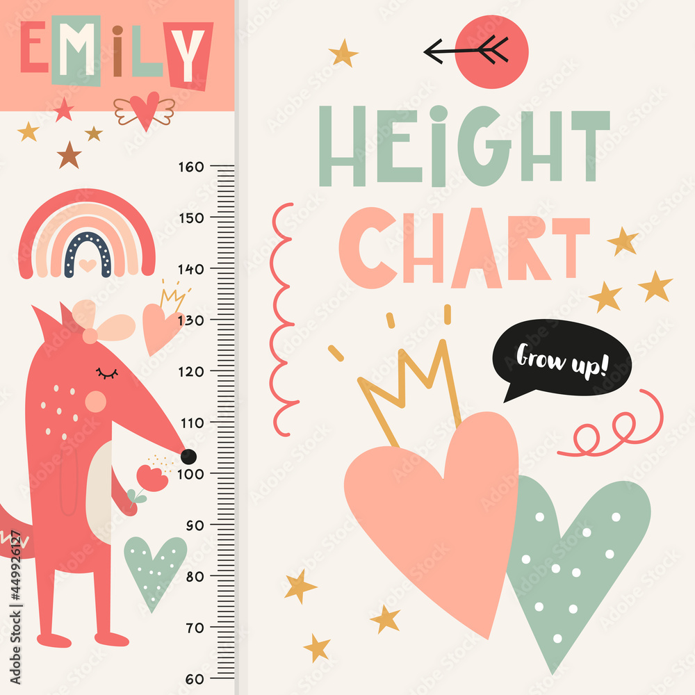 Kids height chart with cute little fox. Heights for school ...
