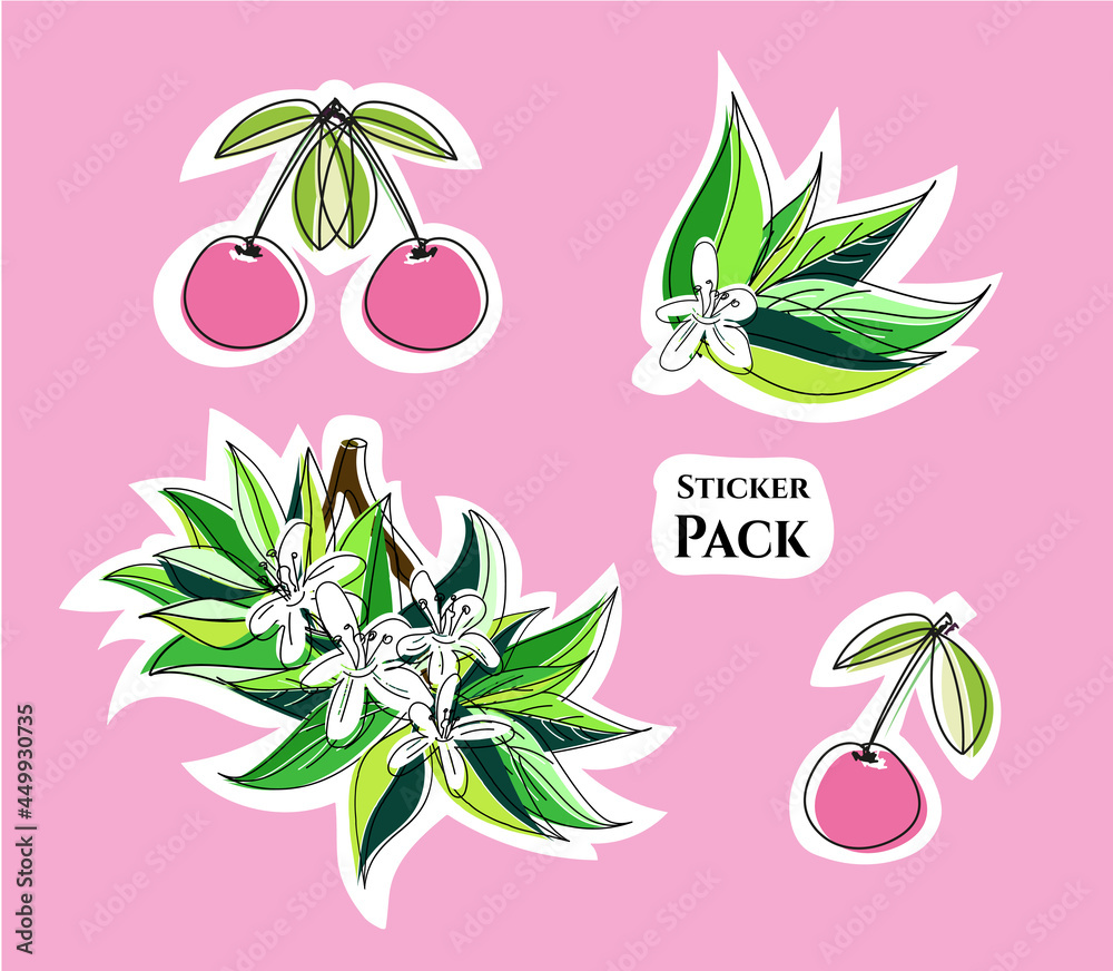 Sticker pack. Blooming branch with flowers, a pair of cherries and ...