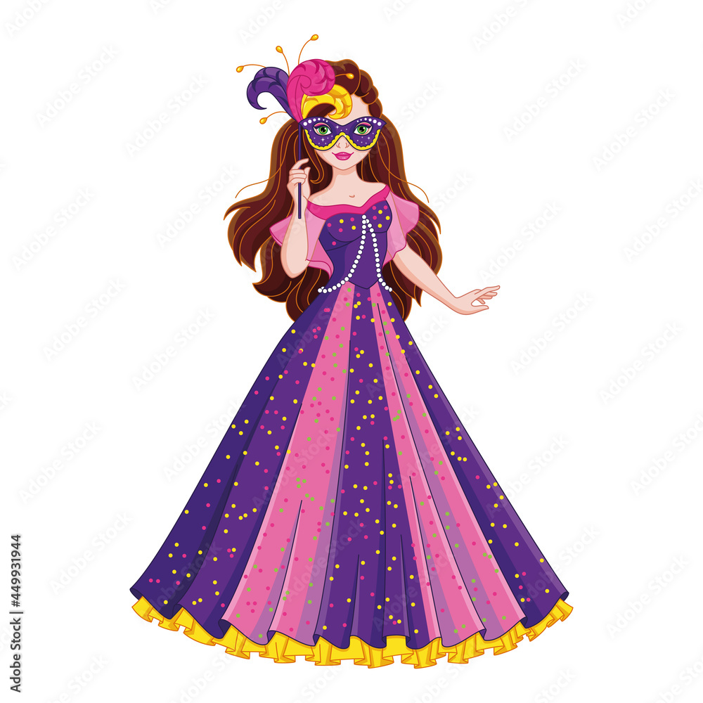 Girl in fancy dress, princess in masquerade mask, vector cartoon ...
