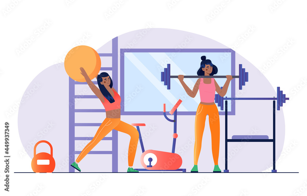 Women in gym club doing bench press. Room with sport equipment for ...