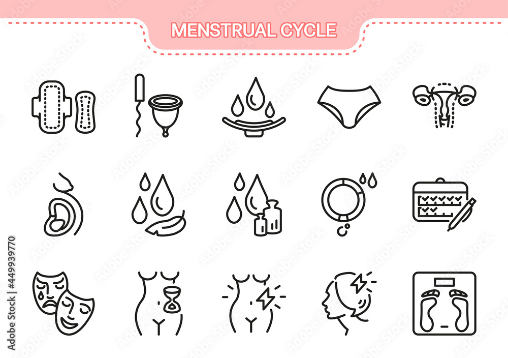 Vector icon set of menstrual cycle. Hygiene and women's health line ...