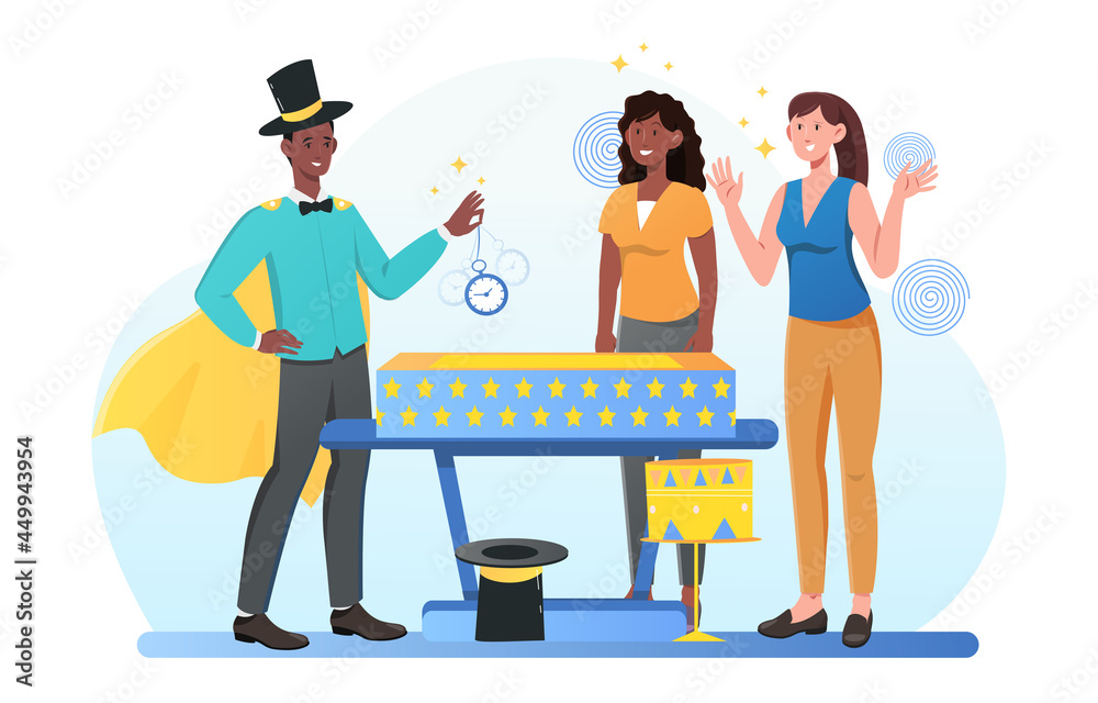 Circus showman actor male character show magic tricks. Female ...