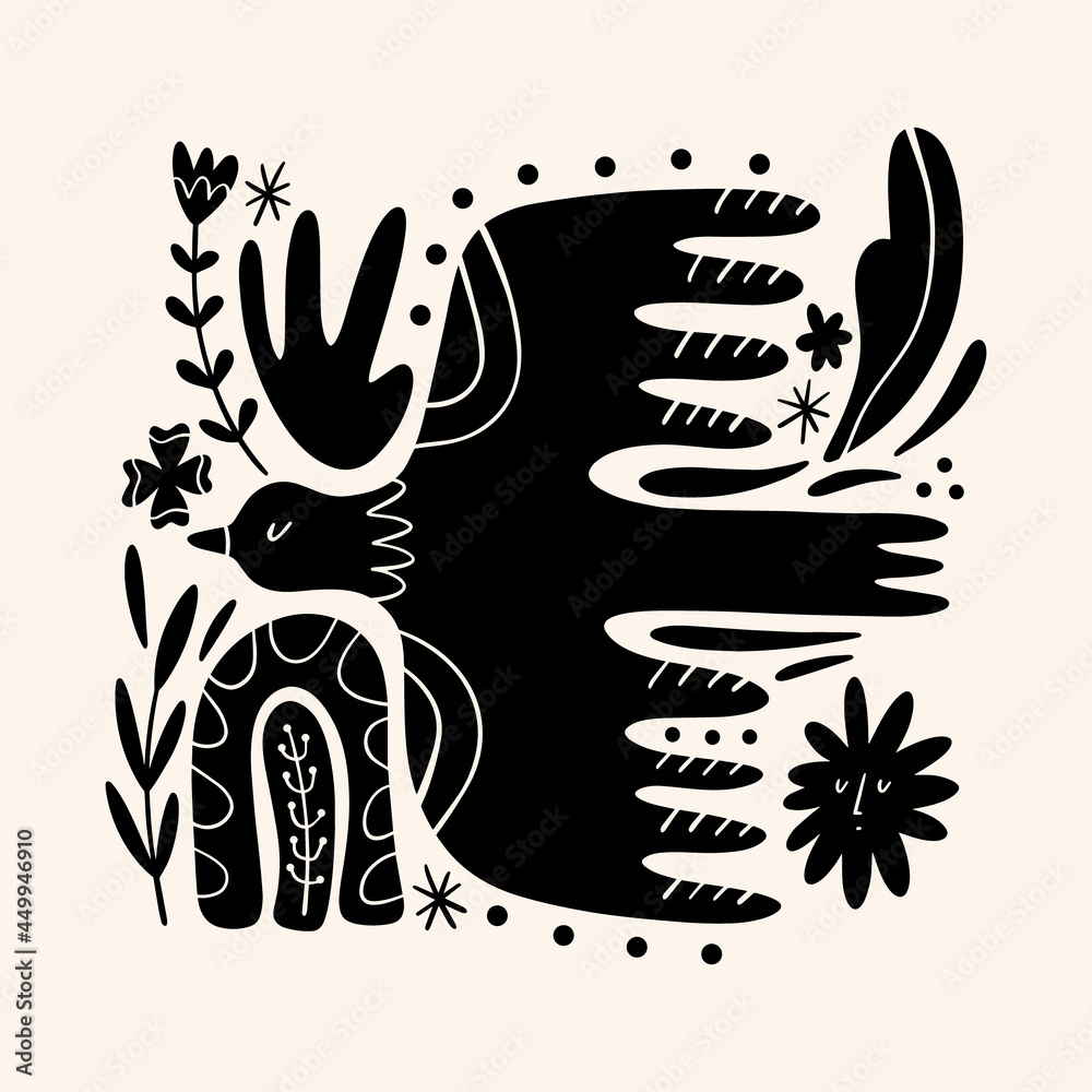 Cute Scandinavian bird art. Folk rural rustic fairytale style, hygge ...