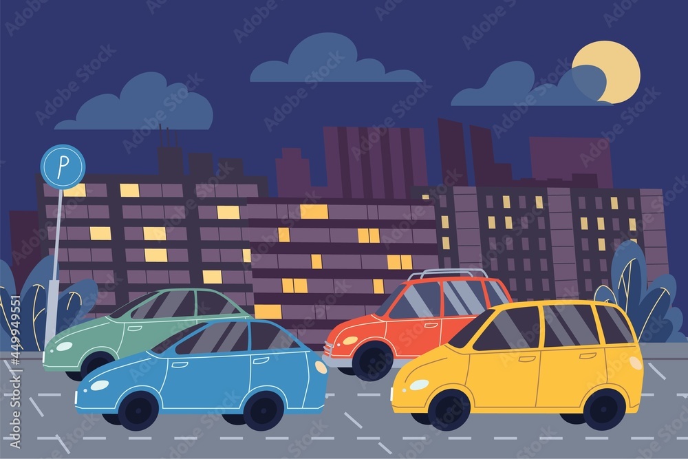 Vector flat cartoon cars are in parking lot,city car park on a night ...