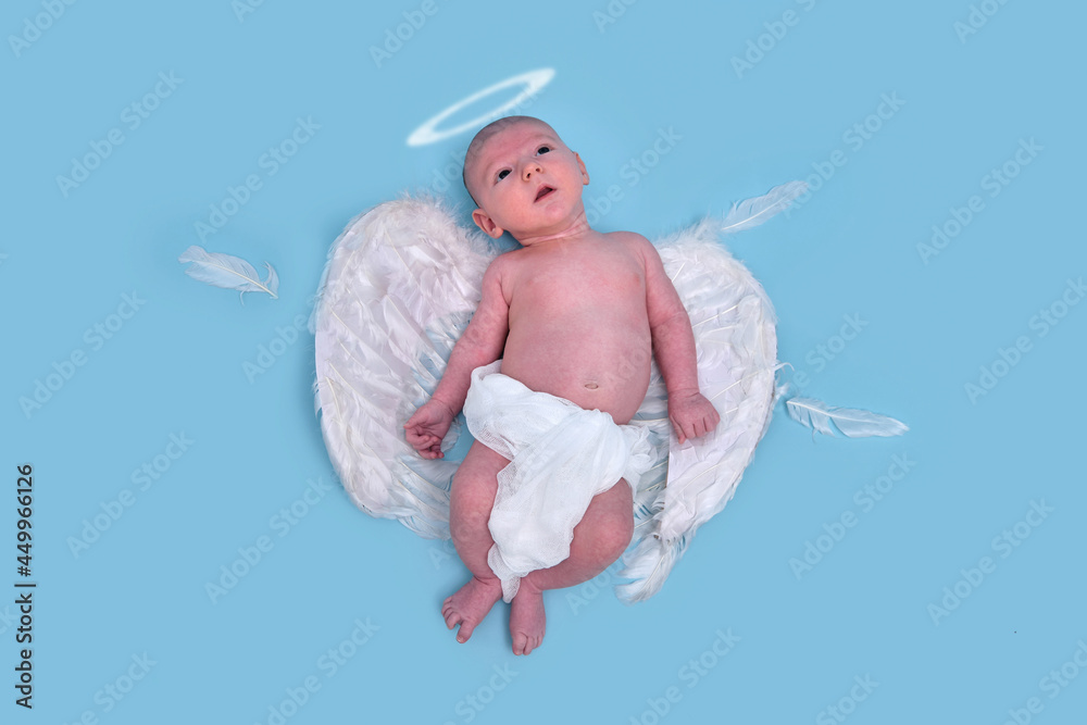 A newborn baby boy with white angel wings on a blue studio background ...