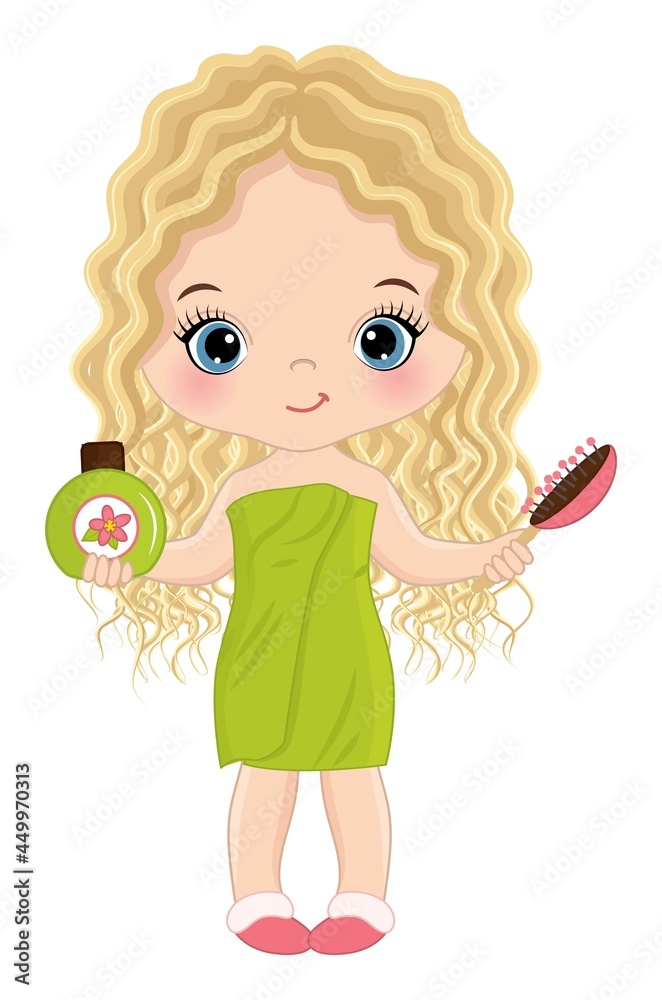 Vector Cute Little Spa Girl Wrapped in Towel. Vector Little Spa Girl ...