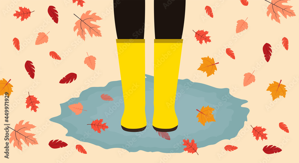 Falling leaves. Vector illustration in flat design Human in yellow ...