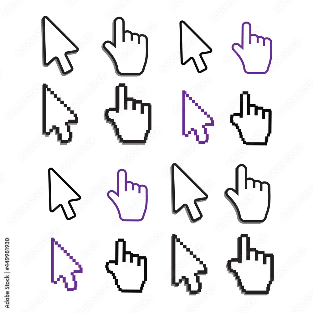 Pixel cursors icons mouse hand arrow. Mouse computer cursor. Hand arrow ...