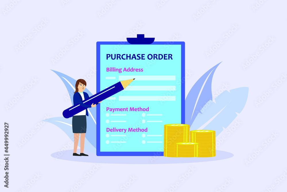 Purchase Order vector concept. Businesswoman filling purchase order ...