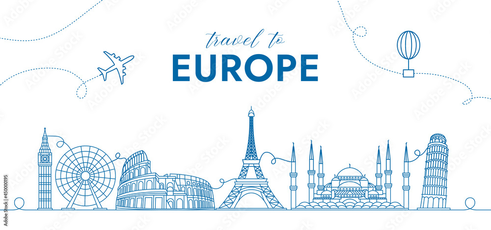 line art of Europe top monument with a travel poster composition, line ...