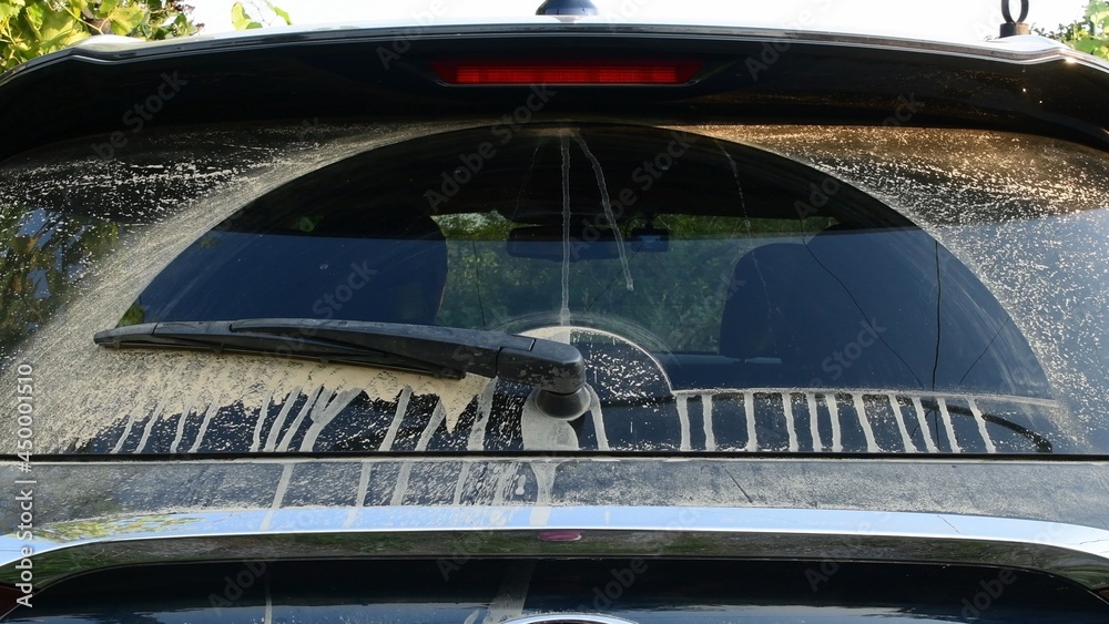 Black car back side and wiper cleaning rear window with sandy drips of ...