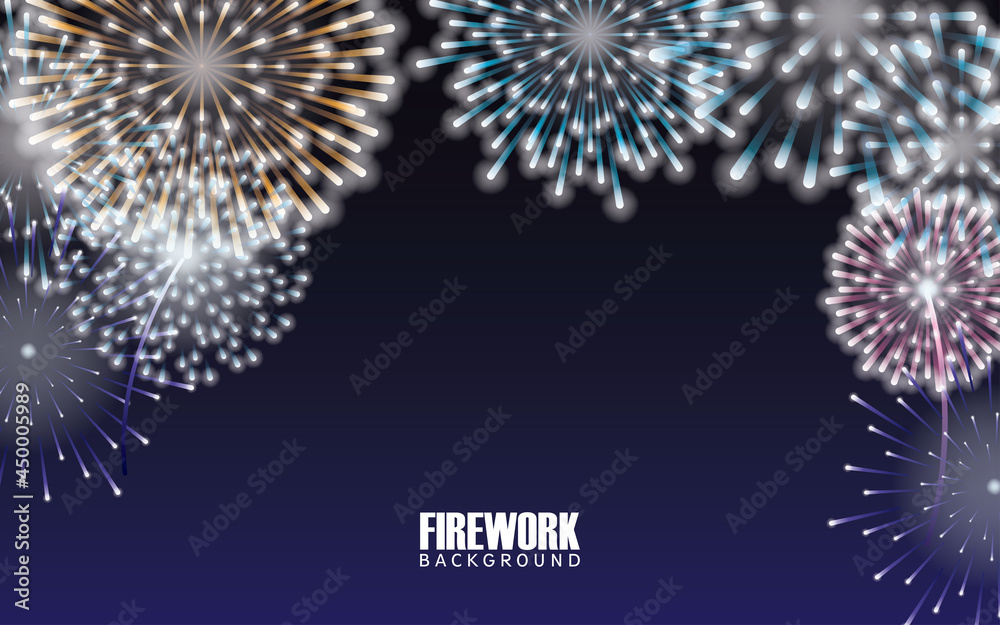 Realistic firework bursting in various shapes. Sparkling pictograms set ...