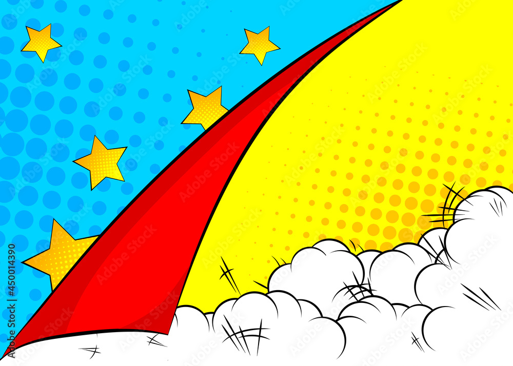Retro comic background with turning paper corner. Rays and halftone dots, cartoon pop art style ...