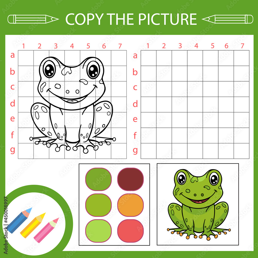 Tutorial how draw a frog. Connect drawing. Copy the picture using grid ...