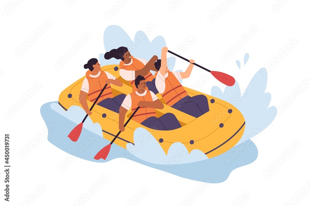 Happy people rowing with paddles, swimming in inflatable boat in river ...