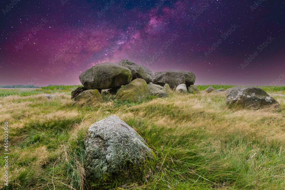 Night view with starry sky in a clear sky of the remains of a ...