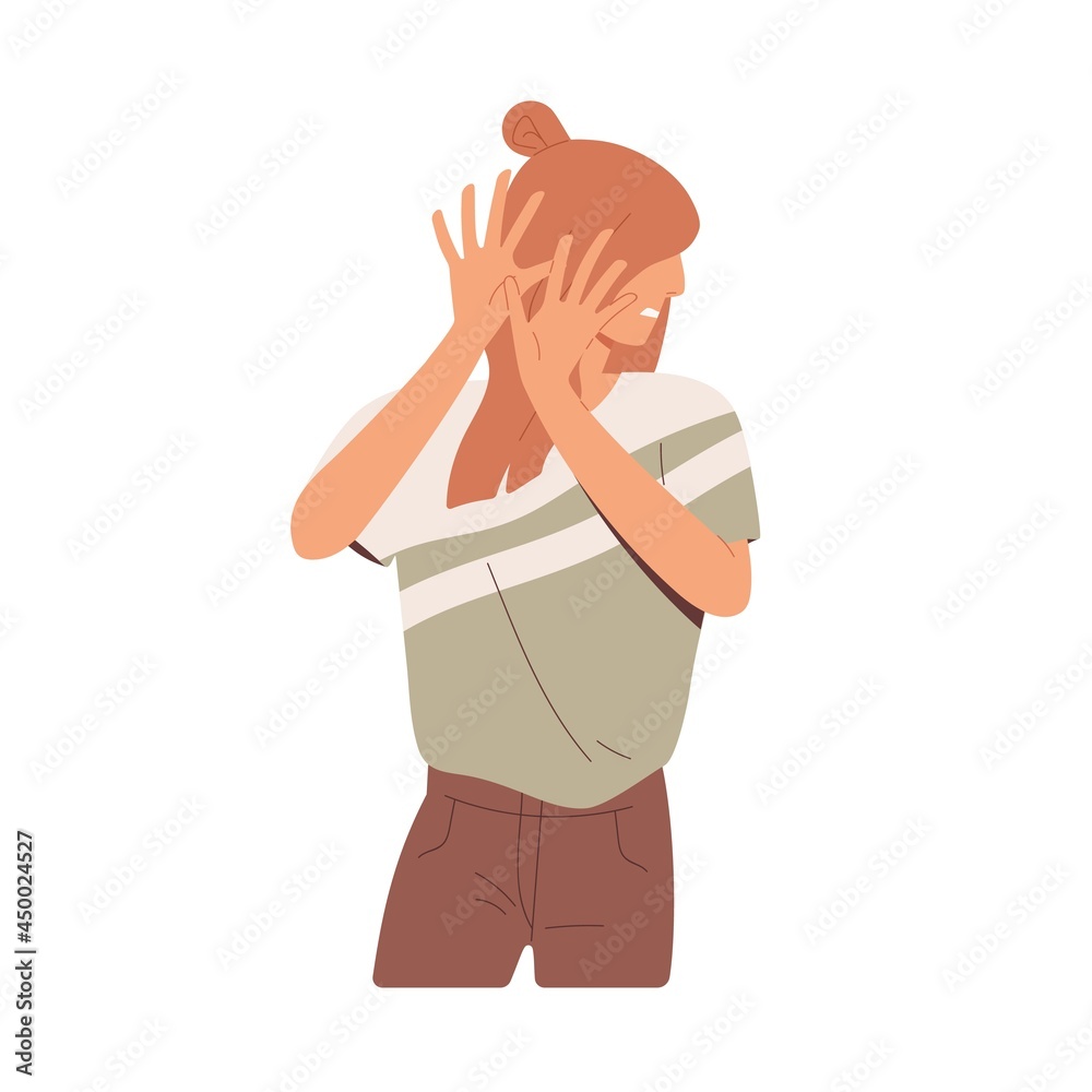 Embarrassed woman hiding her face behind hands, feeling disgust, fear ...