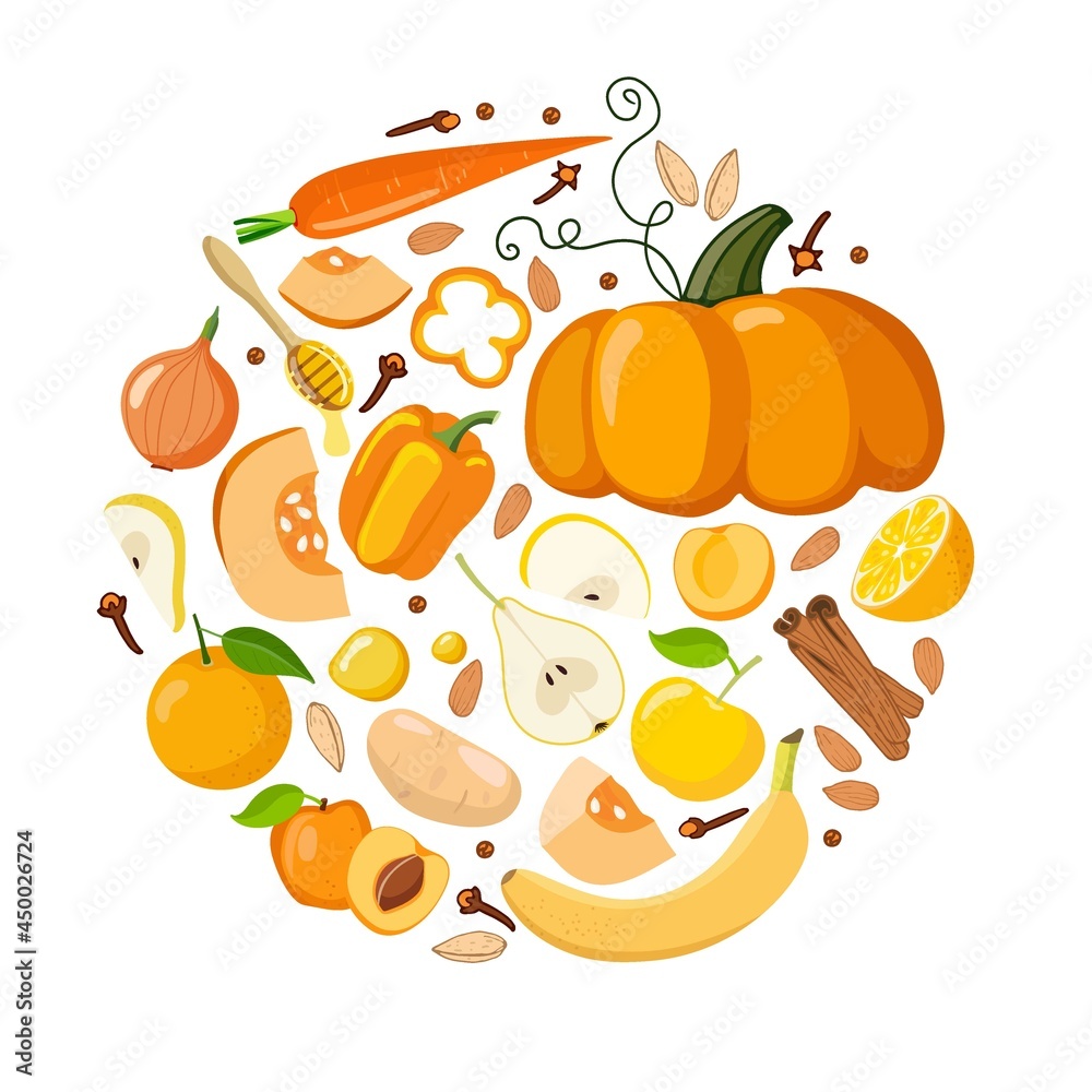 Orange color food. Orange vegetables, fruits, spices, seeds in round ...