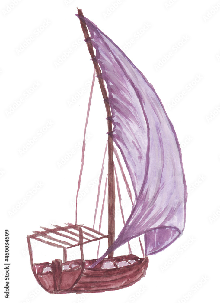 Watercolor drawing of sailing fishing boat isolated on white background ...