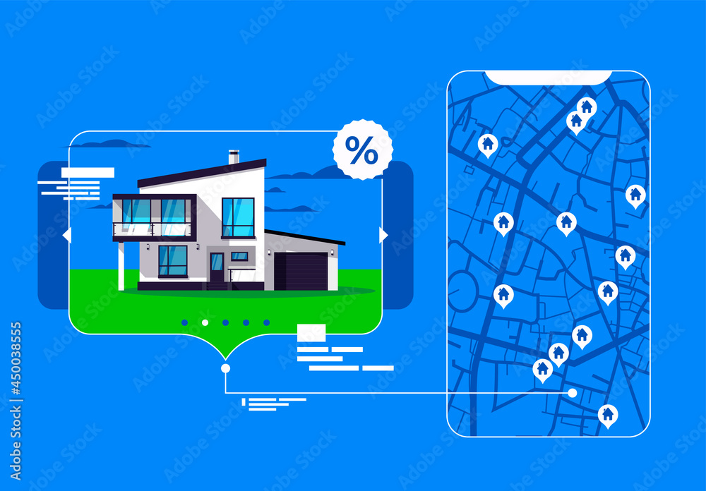 Vector illustration of a map of the area on the smartphone screen with ...