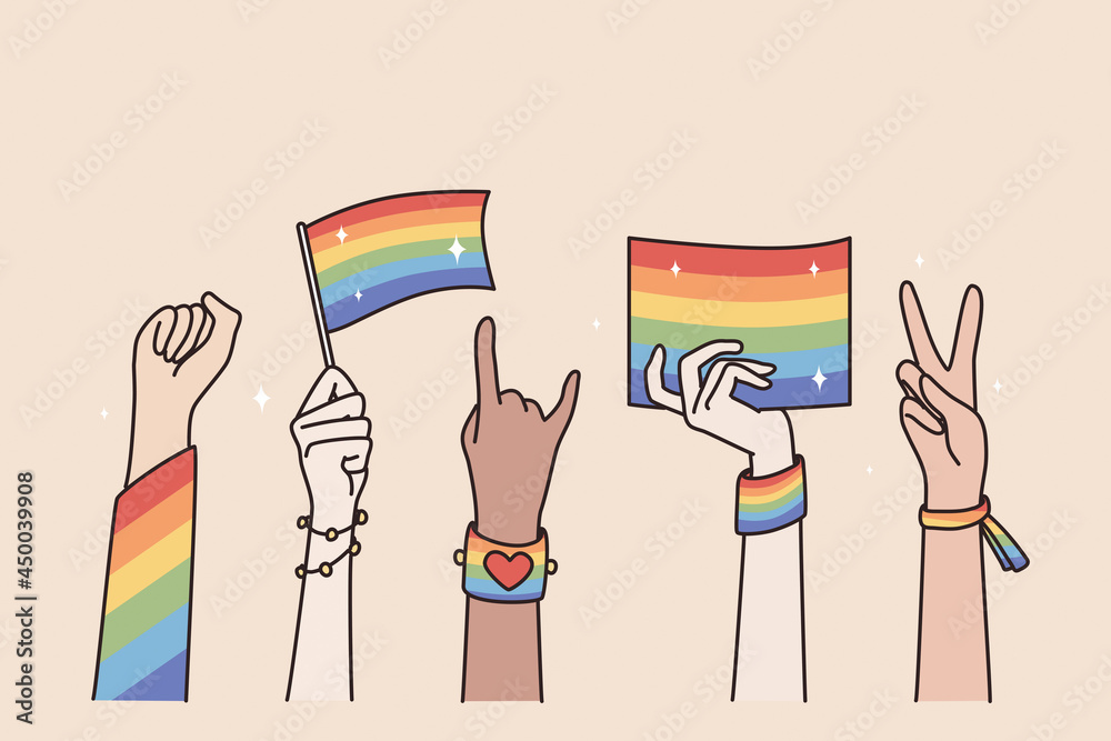 LGBT Pride Month holiday concept. Human hands gesturing waving with ...