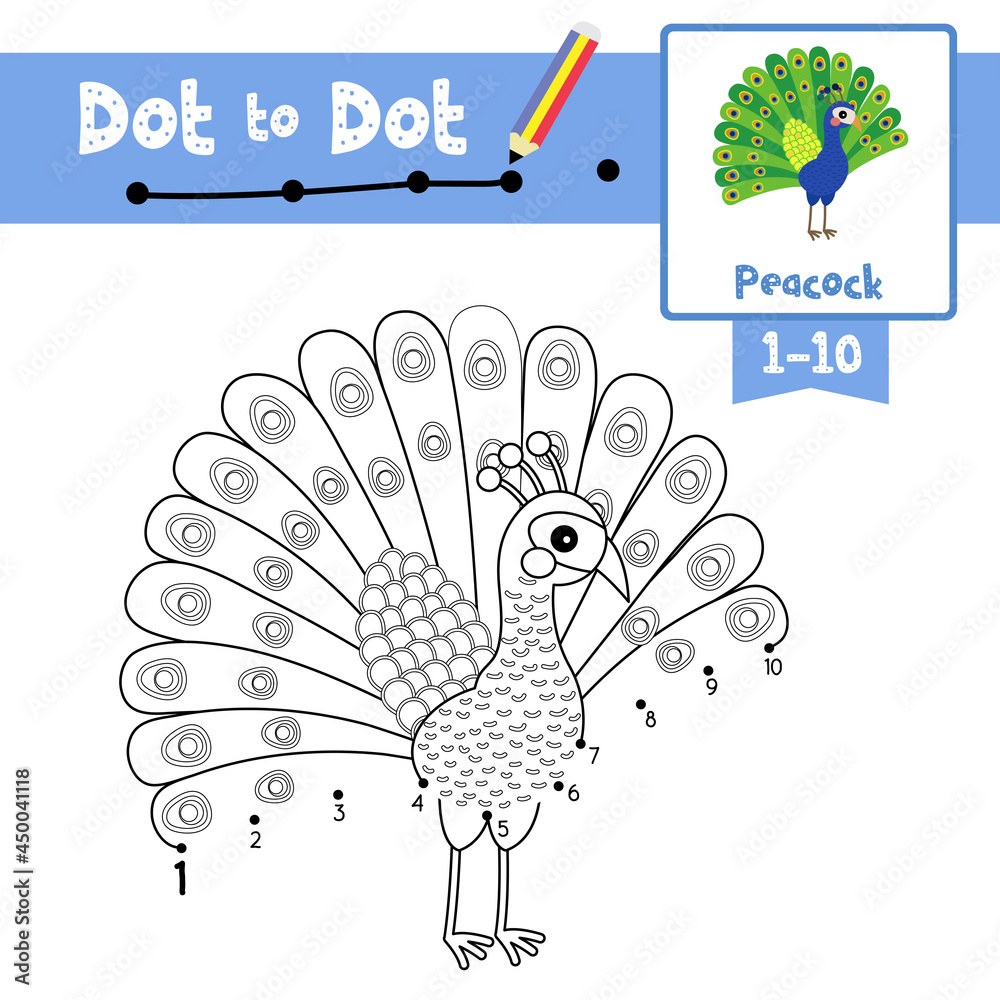 Dot to dot educational game and Coloring book Peacock animal cartoon ...