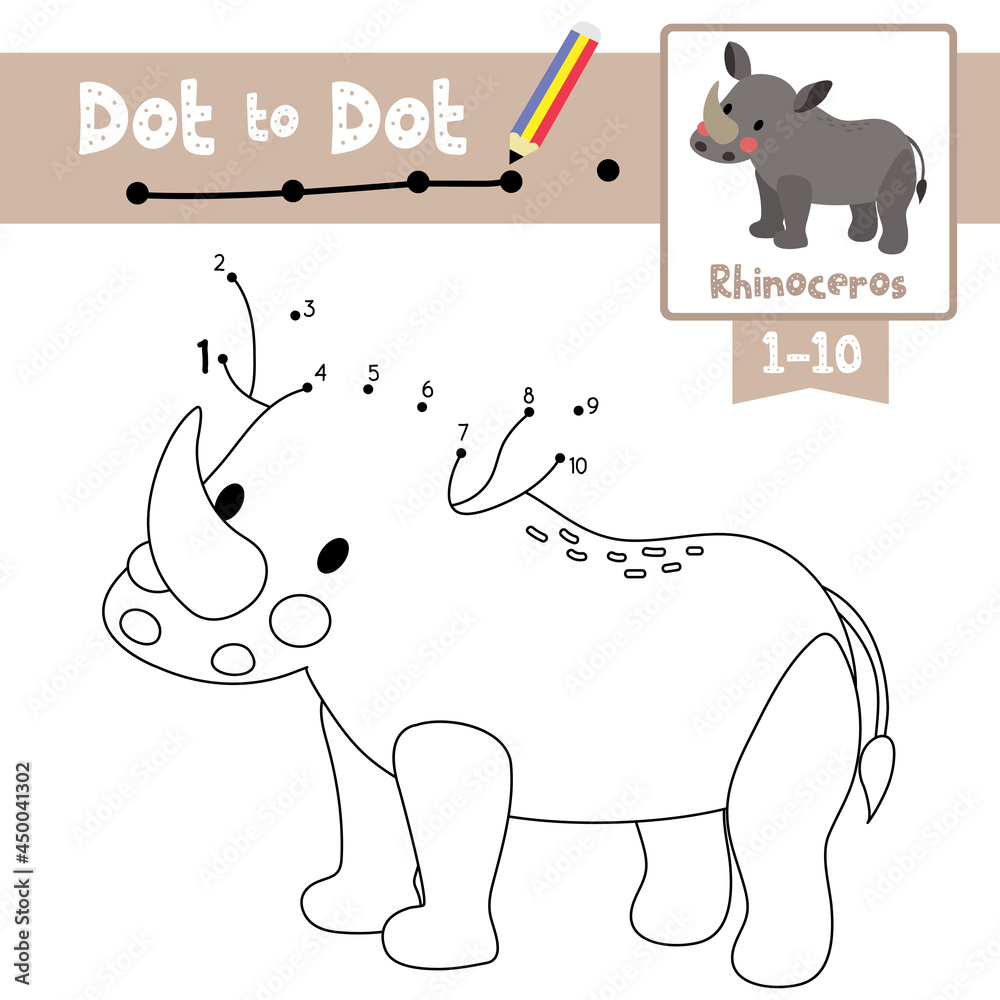 Dot to dot educational game and Coloring book Standing Rhinoceros ...