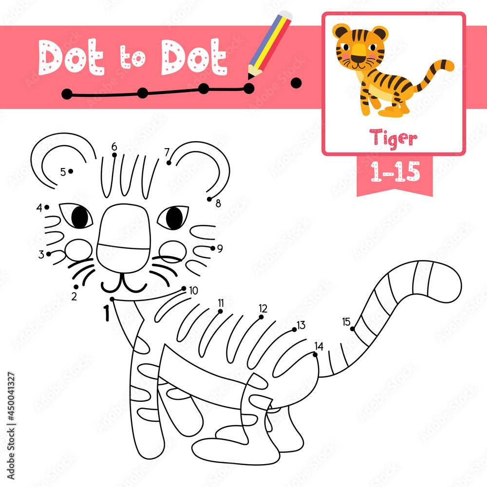 Dot to dot educational game and Coloring book Standing Tiger animal ...