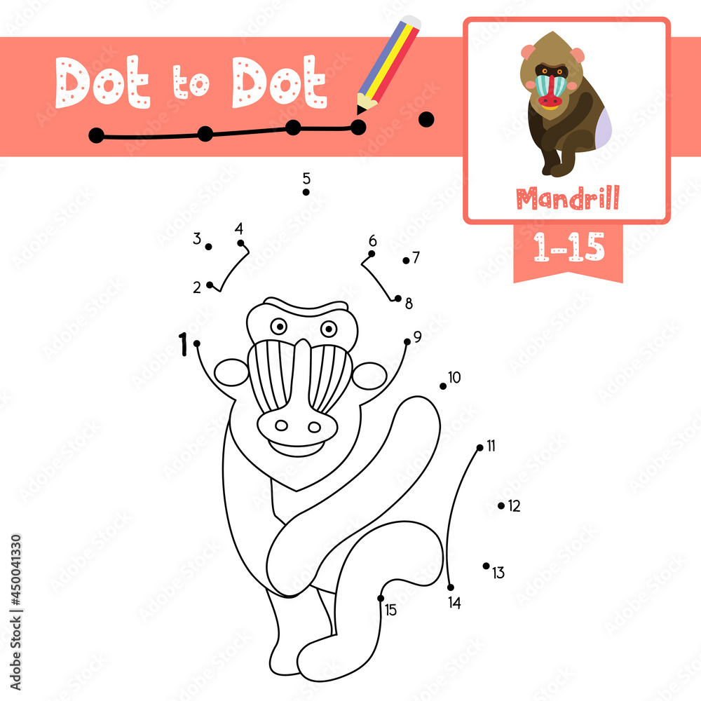 Dot to dot educational game and Coloring book Sitting Mandrill animal ...
