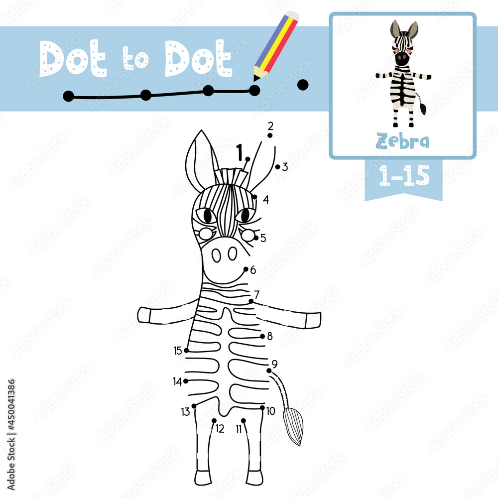 Vetor de Dot to dot educational game and Coloring book Zebra standing ...