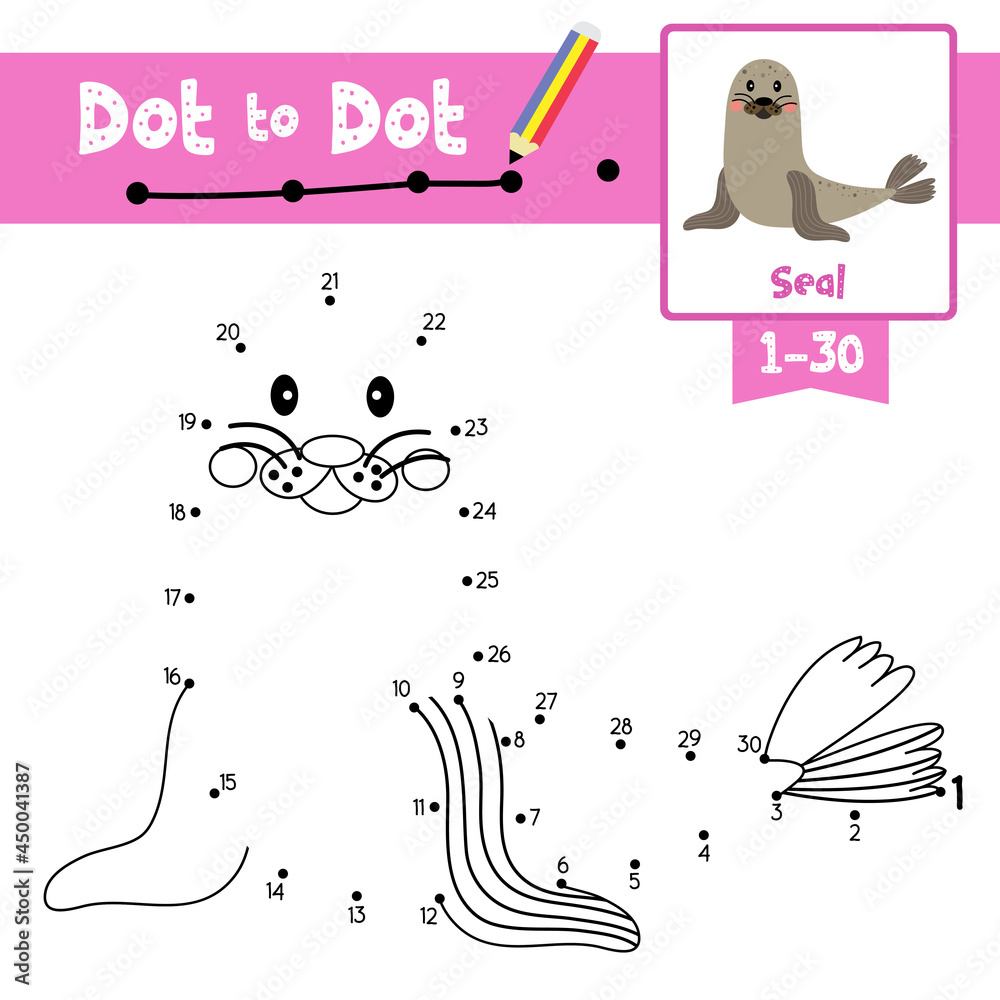 Dot to dot educational game and Coloring book Seal animal cartoon ...