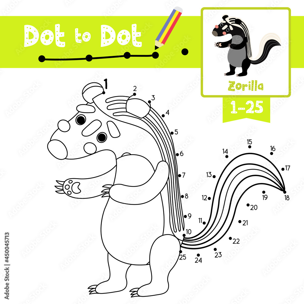 Dot to dot educational game and Coloring book Zorilla animal cartoon ...