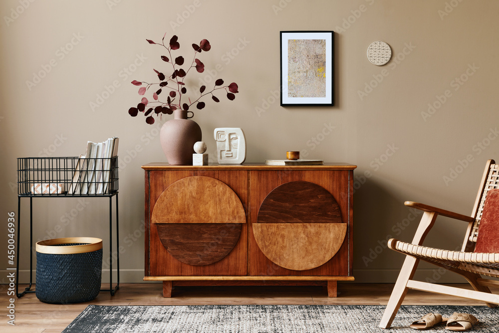 Interior design of unique living room with stylish commode, armchair ...