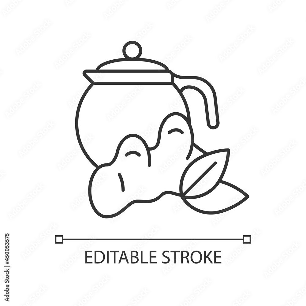 Ginger tea linear icon. Ginger tea with lemon and honey. Rich in ...