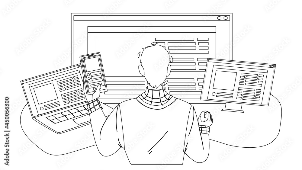 Front End Development Developer Occupation Black Line Pencil Drawing Vector Young Man Working