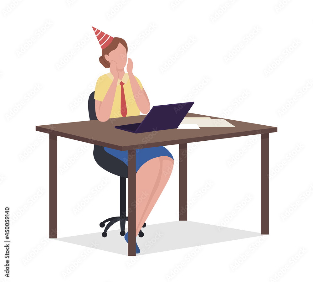 Excited female office worker semi flat color vector character. Full ...