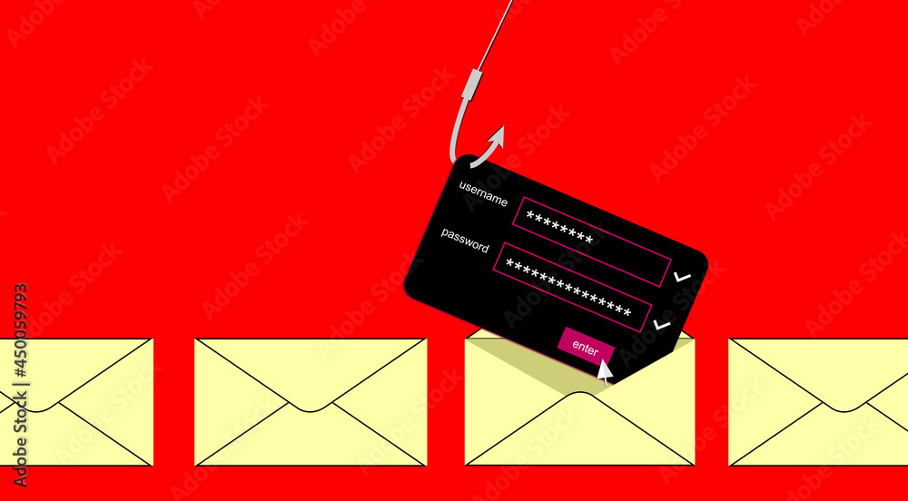 Login. PHISHING ATTACK. Username and password. A fish hook catching ...